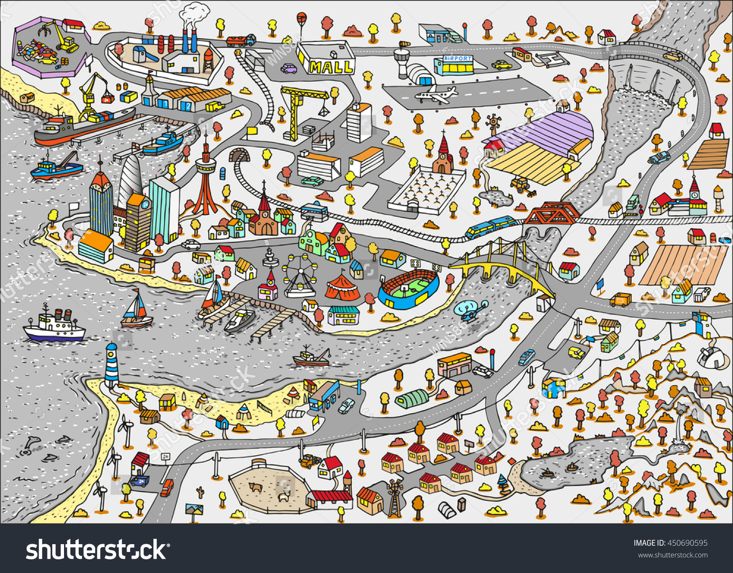 Winter Doodle Town Map Drawn By Stock Vector (Royalty Free) 450690595 ...