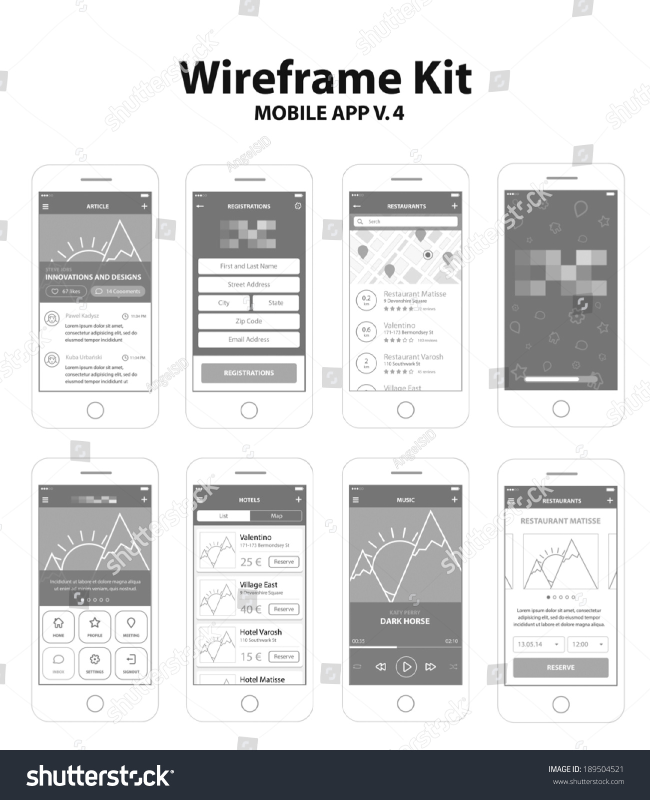 Wireframe Kit Mobile App V4: เวกเตอร์สต็อก (ปลอดค่าลิขสิทธิ์) 189504521 | Shutterstock