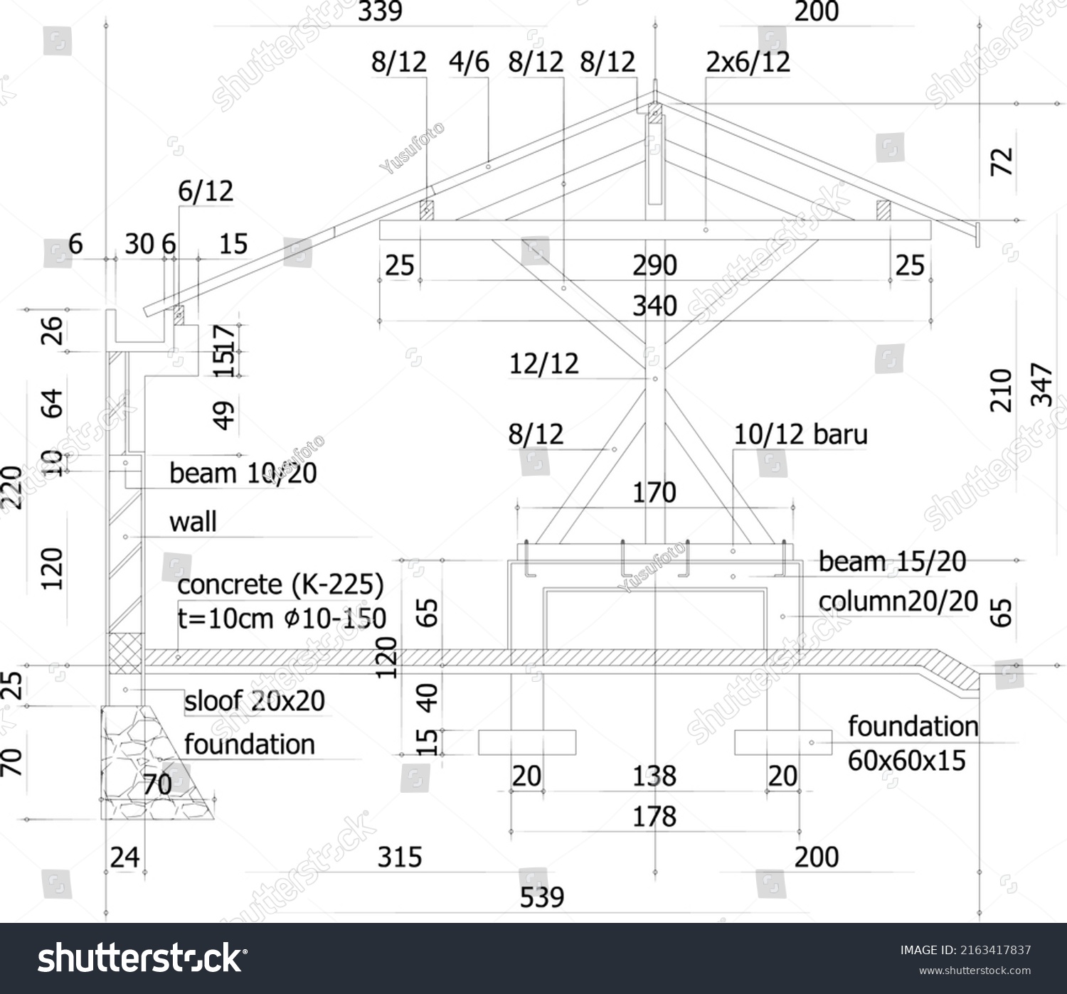 Wooden Construction Sketches Notation Dimensions Elevation Stock Vector ...