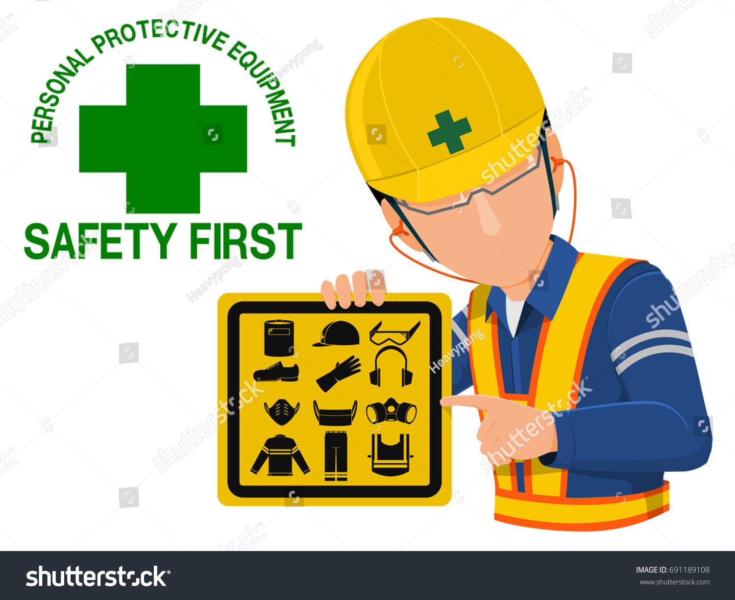 Worker Presenting Warning Sign About Ppe: เวกเตอร์สต็อก (ปลอดค่า ...