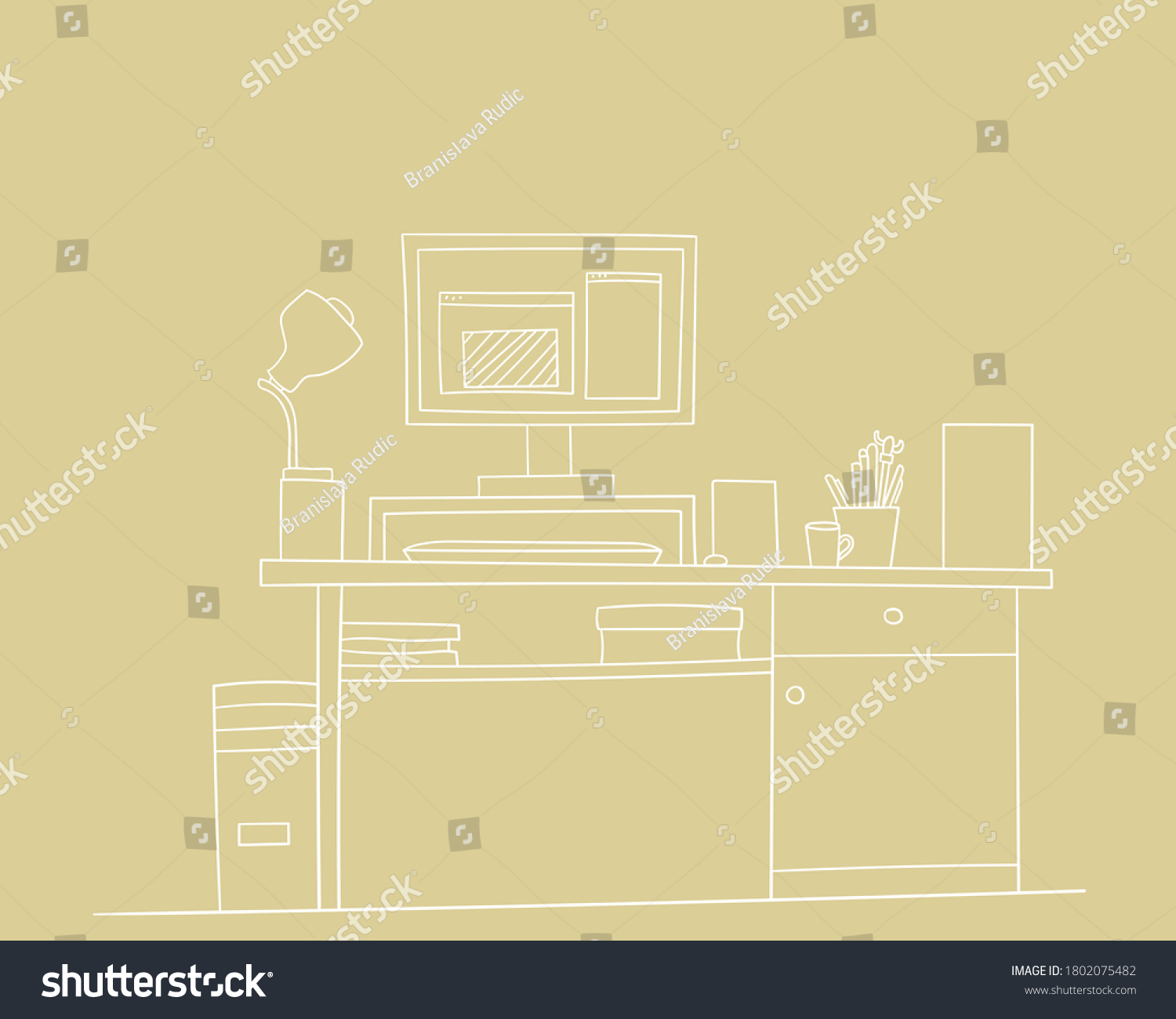 Workplace White Line Vector Drawing Stock Vector (Royalty Free) 1802075482