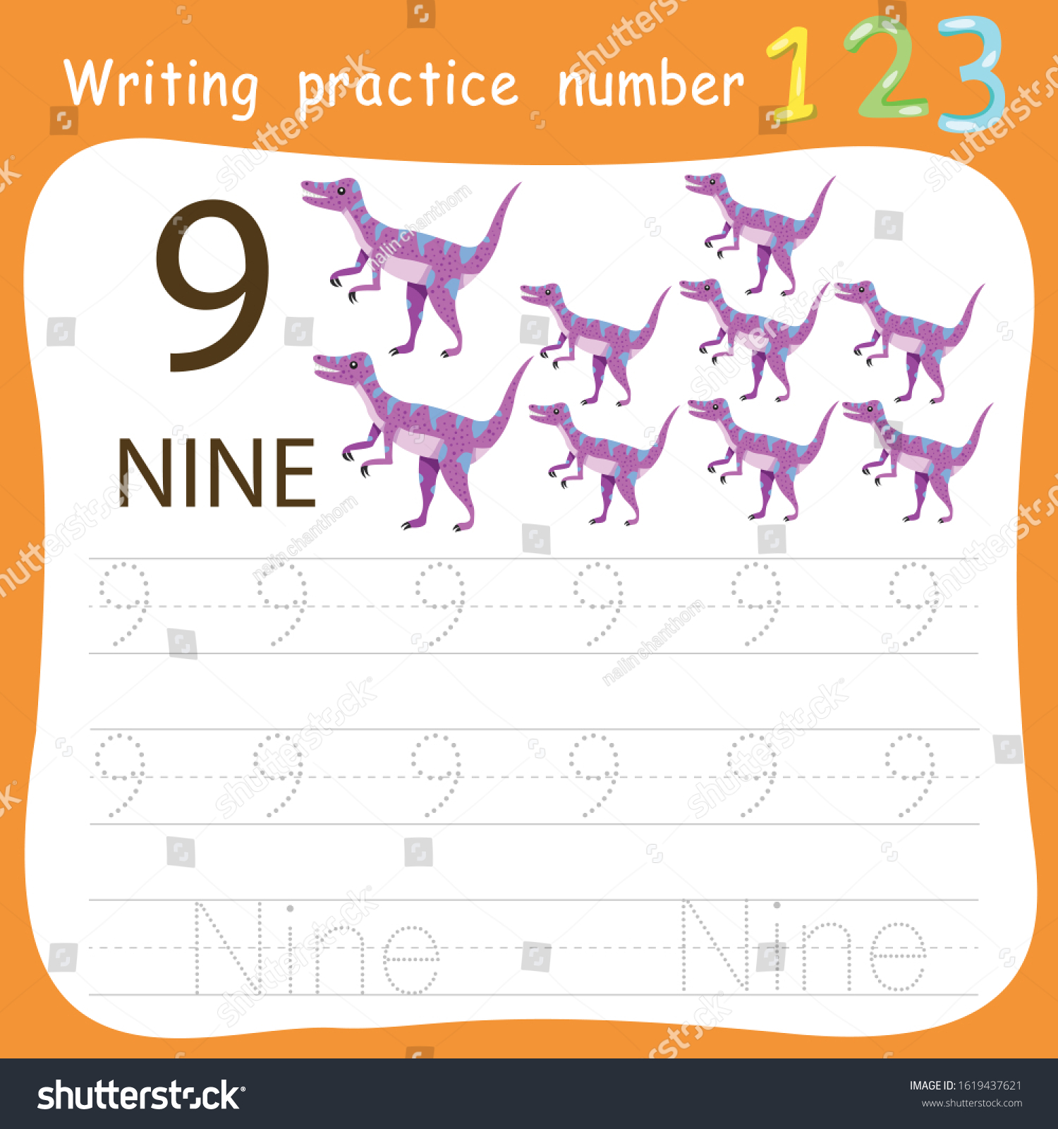 Worksheet Writing Practice Number Nine: vector de stock (libre de ...