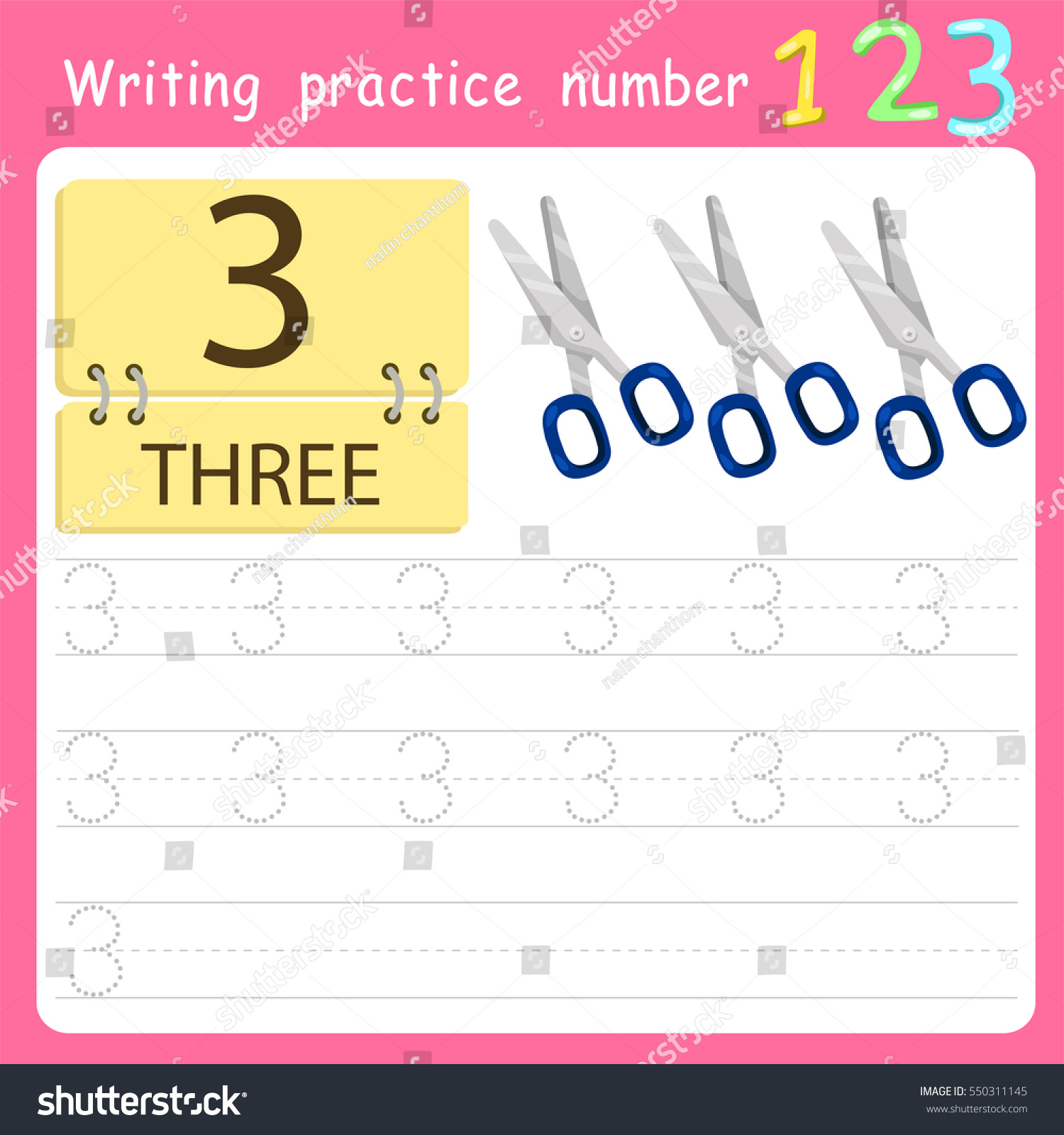 Worksheet Writing Practice Number Three: vector de stock (libre de ...