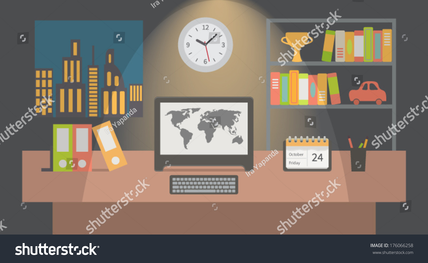 Workspace Interior Night Time View Flat Stock Vector (Royalty Free ...