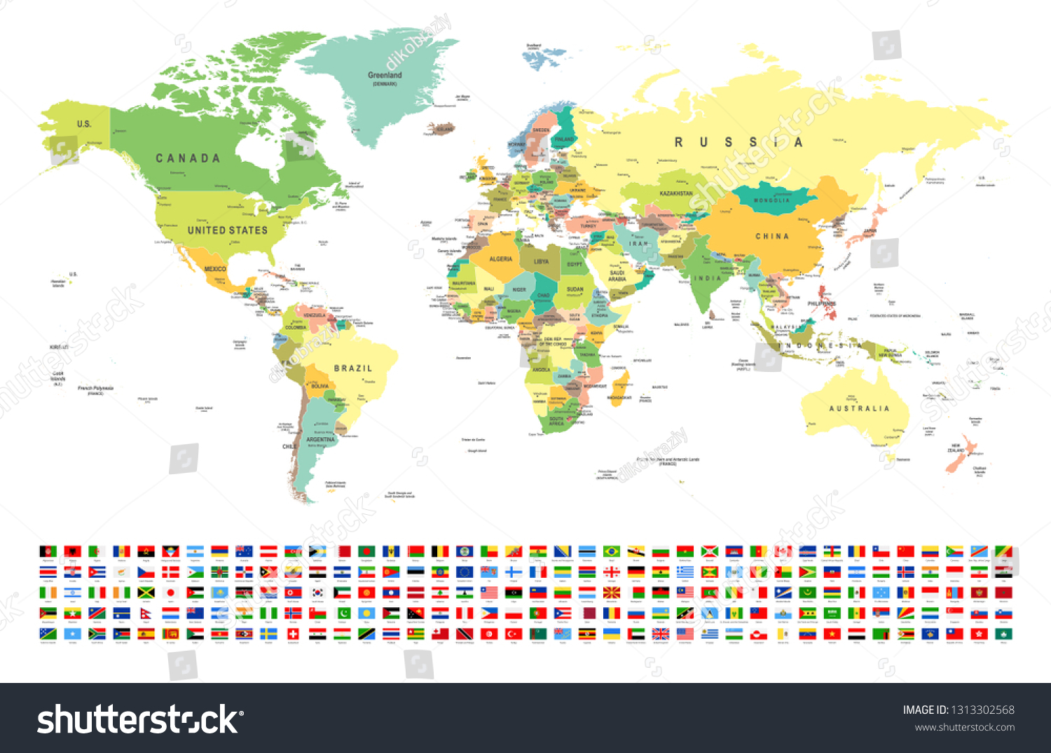 Vektor Stok World Map Flags Borders Countries Cities (Tanpa Royalti ...