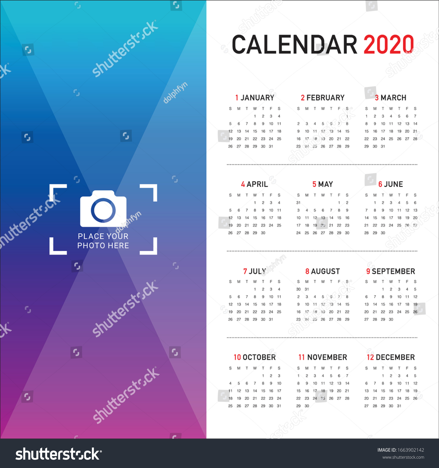 Year 2020 Calendar Vector Design Template Stock Vector (Royalty Free ...