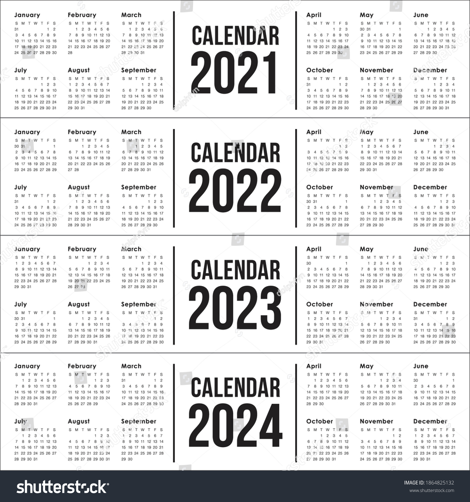 Year 2021 2022 2023 2024 Calendar 库存矢量图（免版税）1864825132 | Shutterstock