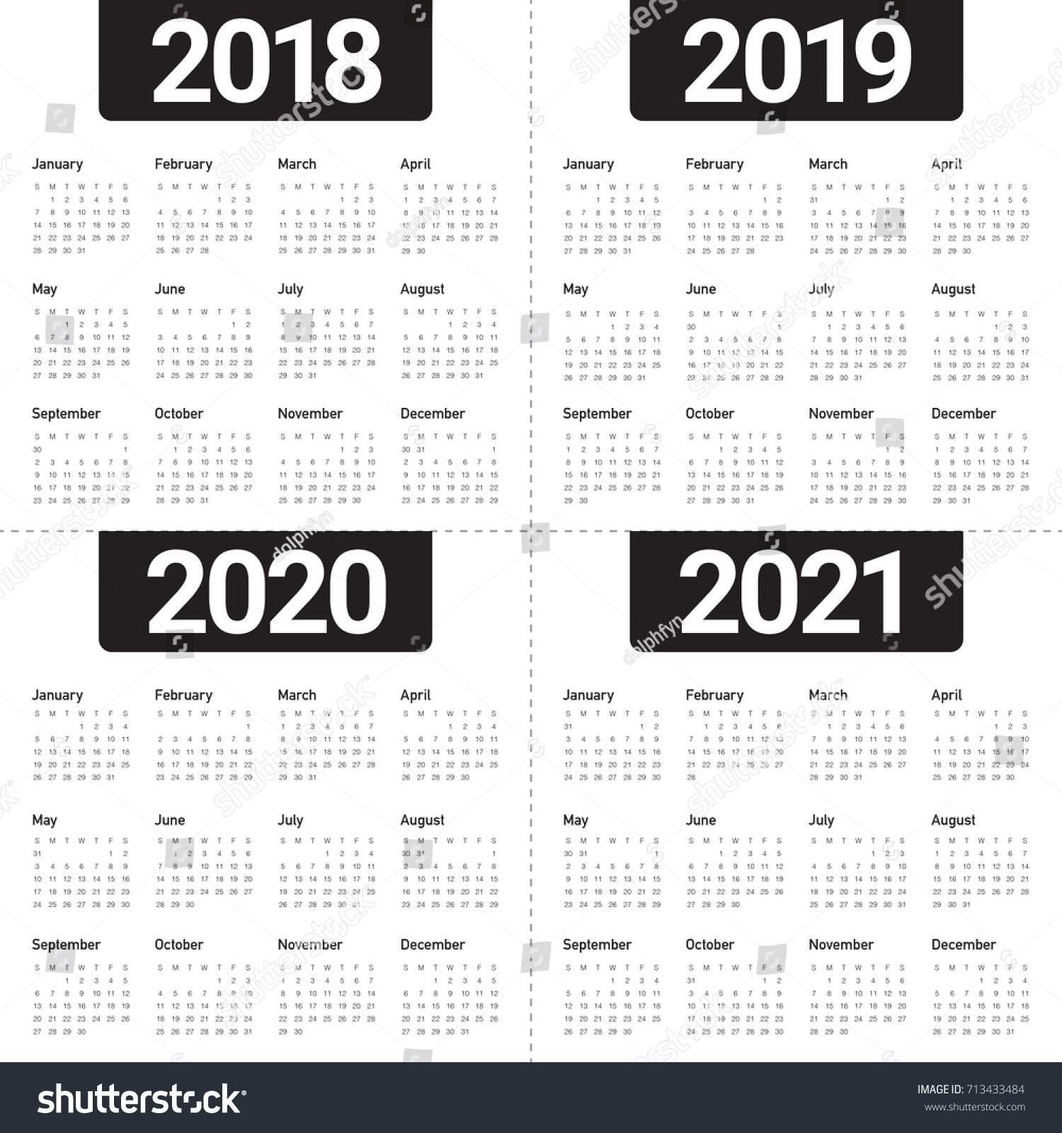Year 2018 2019 2020 2021 Calendar Stock Vector (Royalty Free) 713433484