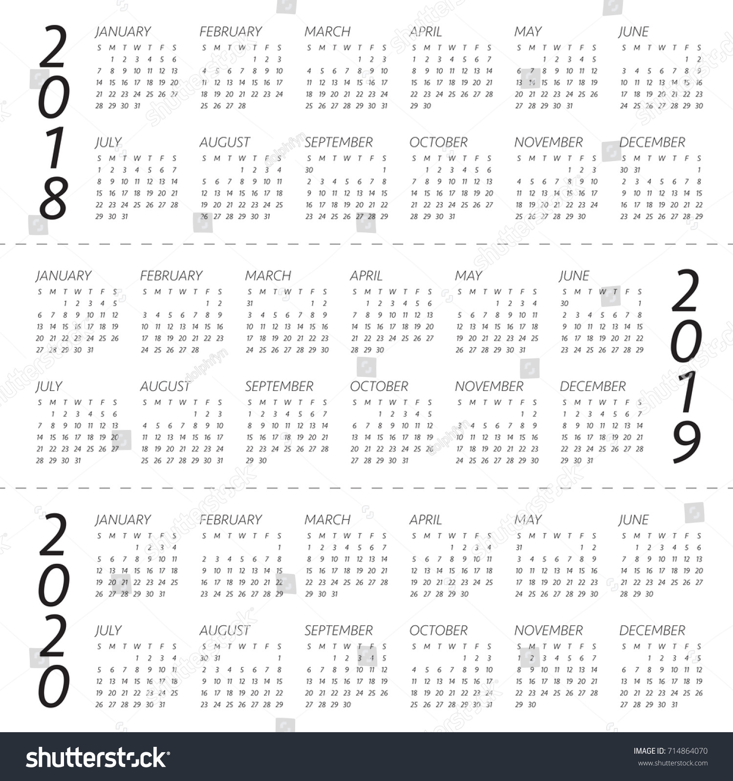 Year 2018 2019 2020 Calendar Vector Stock Vector (Royalty Free) 714864070