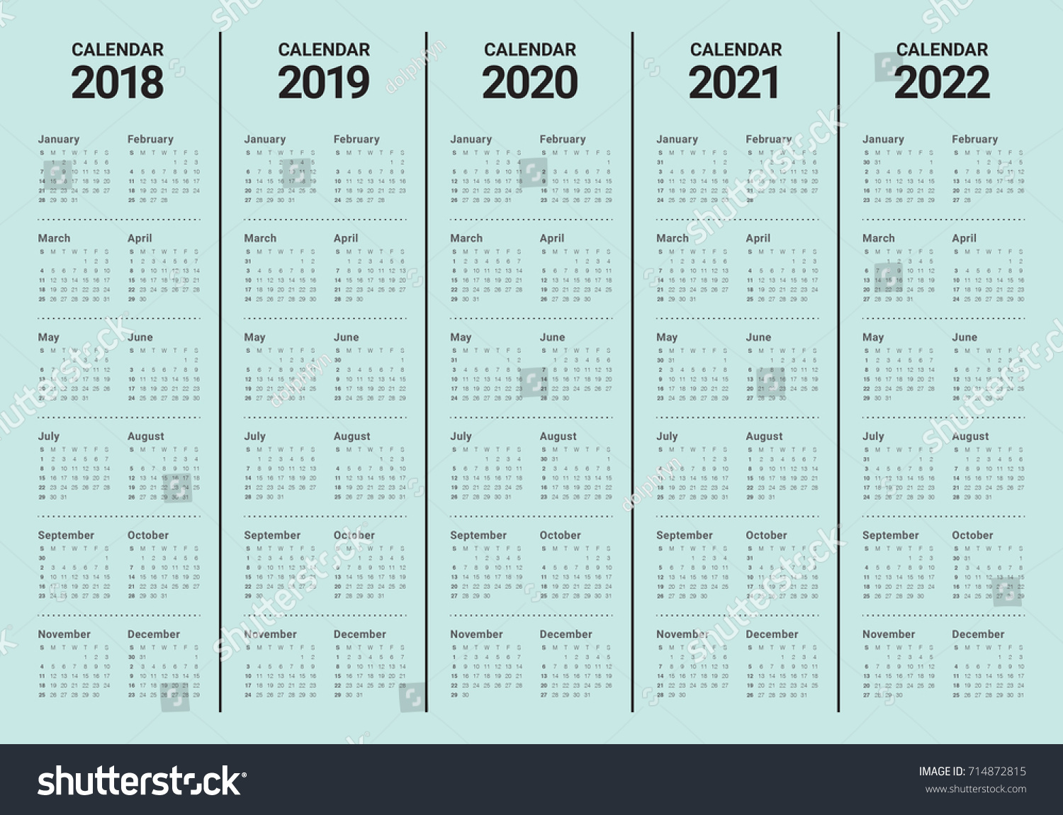 Year 2018 2019 2020 2021 2022 Calendar Vector Stock
