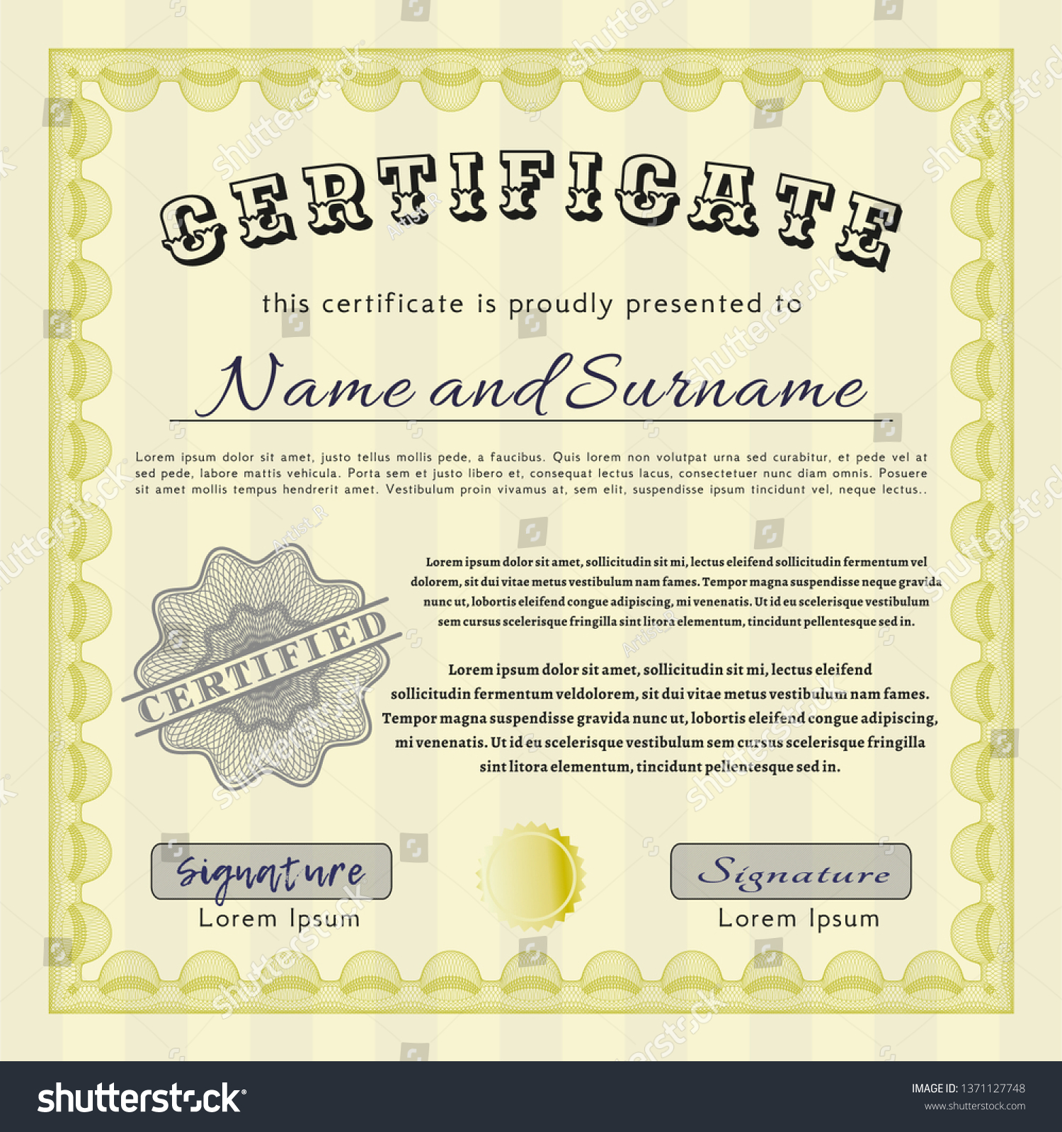 Yellow Sample Certificate Money Pattern Design Stock Vector (Royalty ...