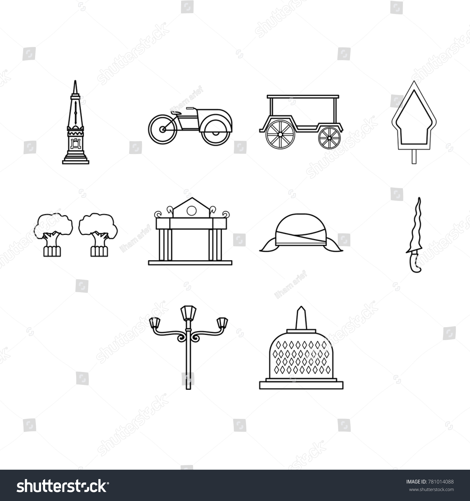Yogyakarta Icon Set Outline Vector: vector de stock (libre de regalías ...