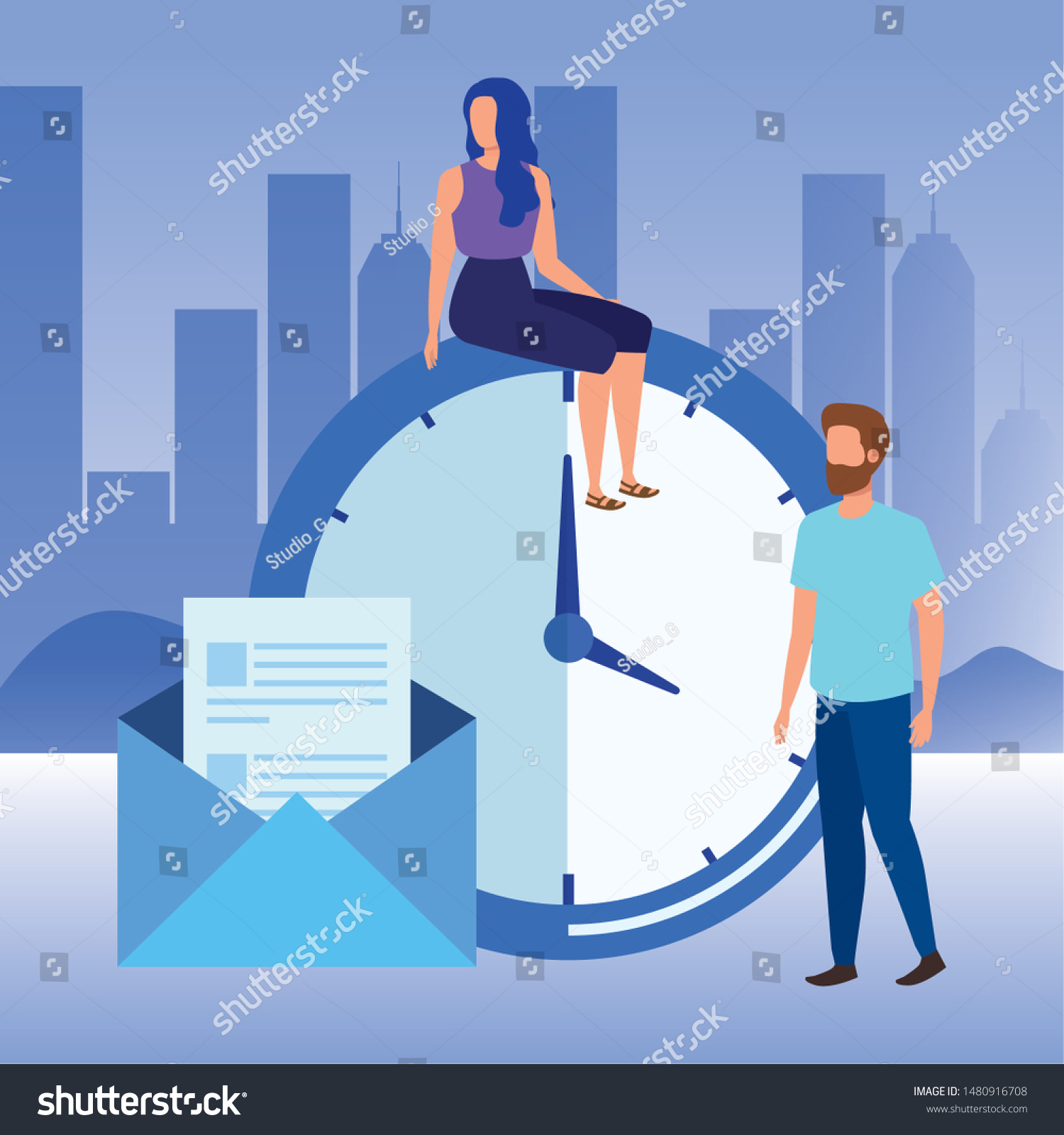Young Couple Time Clock Characters Stock Vector (Royalty Free ...
