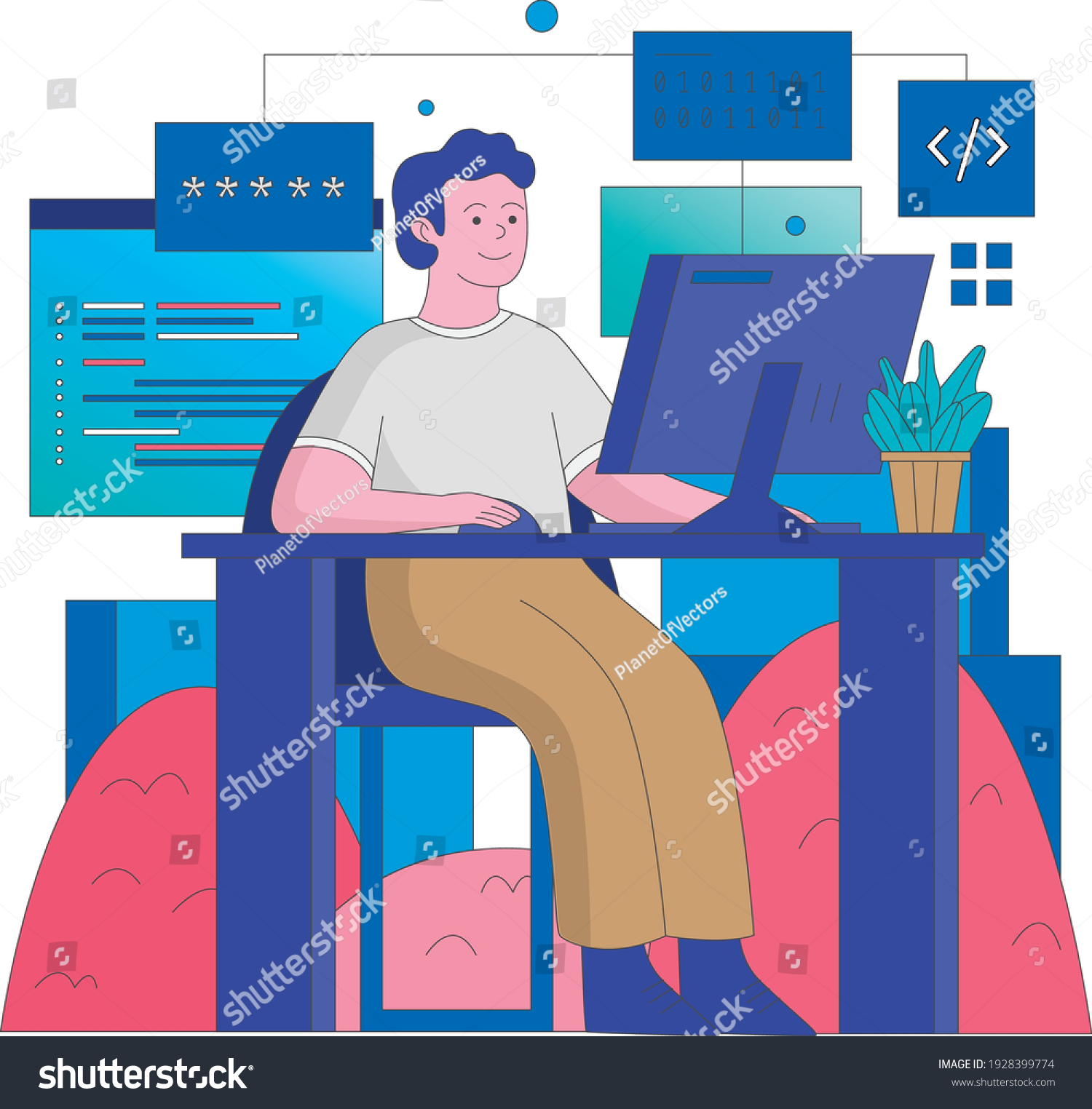 Young Programmer Kid Desktop Flat Design Stock Vector (Royalty Free ...
