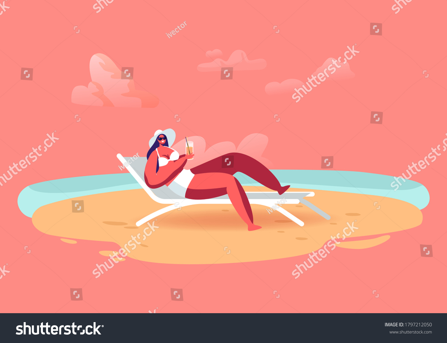 Young Woman Hat Lounging Drinking Cocktail Stock Vector Royalty Free 1797212050