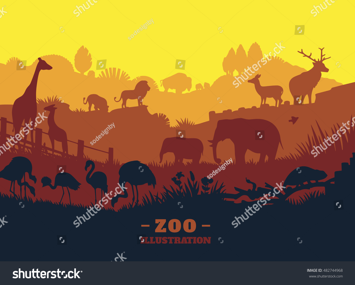 Zoo World Illustration Background Colored Silhouettes Stock Vector ...